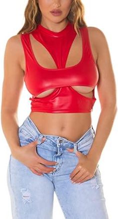 Koucla Hot Wet Look Gogo Turtle Neck Crop Top avec découpes, rouge, taille unique