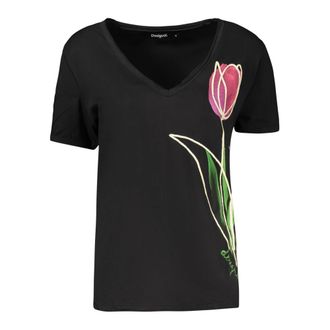 Desigual Tulpen-V-Ausschnitt-T-Shirt mit kurzen &Auml;rmeln - - Tops - Damen - Schwarzk - L
