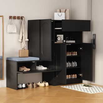 Generic Schuhschrank mit Sitzbank Schwarz 130 cm Breit Flurkommode Gro&szlig; Rillenoptik Modern Schuhregal Geschlossen Ger&auml;uschlos Schlie&szlig;end Sideboard & Shoe Cabi