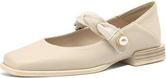 Generic Femmes Chic Noeud Décor Mary Jane Appartements Bout Carré Bloc Talons Perle Sangle Souple Faux Cuir Tige Élégant Confortable Casual Bureau Chaussures,