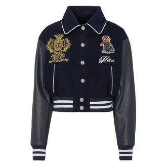 Philipp Plein College Bomber Teddy aus Wolle und Leder - - Jackets - Damen - Blau - L