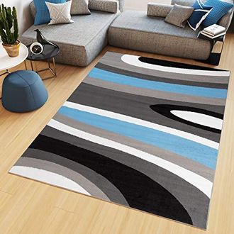 Tapiso Maya Tapis Poil Court Moderne Bleu Noir Gris Blanc Abstrait Motif Ondes Tapis Salon Chambre Salle &agrave; Manger Adulte Bureau Oeko-TEX R&eacute;sistant 200 x 300 
