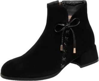 Generic Bottines Femme Bout Rond Daim Noeud Lacets Talons Épais Zip Chaussures Casual Robe Fête Bottines,Noir,37 EU