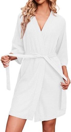 Ekouaer Robe pour femme en tricot gaufré peignoir longueur genou Peignoirs de bain Blanc XXL