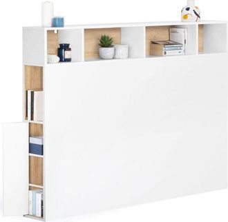 IDMarket Kopfteil auf Fu&szlig; cleo 145 cm mit geschlossenem Stauraum und Nischen wei&szlig; und Buchenholzoptik