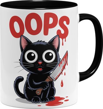 OM3 Katze mit blutigem Messer Oops Kaffee-Tasse mit Spruch - Schwarzer Humor f&uuml;r Katzenfans - Keramik Becher - 325ml - Beidseitig Bedruckt - Schwarz