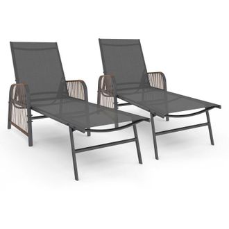 IDMarket Lot de 2 transats de jardin inclinables RIO en acier gris anthracite, cordage effet rotin avec accoudoirs et toile grise