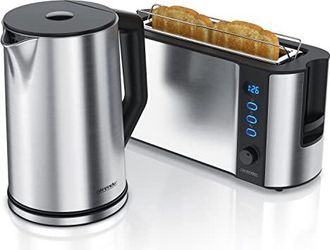 Arendo Wasserkocher mit Toaster SET, Edelstahl Silber Wasserkocher 1,5L 40&deg; - 100&deg;C Warmhaltefunktion Toaster 2 Scheiben Display 6 Br&auml;unungsgrade Br&ouml;tchaufsa