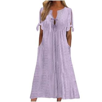 Generic Robe d&eacute;t&eacute; &agrave; manches courtes pour femme - Couleur unie - Tendance - D&eacute;contract&eacute;e - Col en V - Manches longues -, lilas, XXL