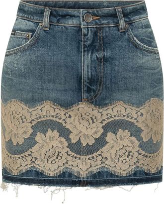 Dolce & Gabbana Femme, Jupes, Bleu, Taille: 34 FR Jupe en jean avec dentelle