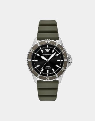 Emporio Armani World Explorer - Solarbetriebene Herrenuhr in Silberoptik mit drei Zeigern und gr&uuml;nem Silikonarmband