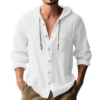 Generic Chemise en lin pour homme, chemise &agrave; manches longues, chemise &agrave; capuche, chemise boutonn&eacute;e, couleur unie, haut de sport, l&eacute;ger, haut d&eacute;t&eacute; et de plage,
