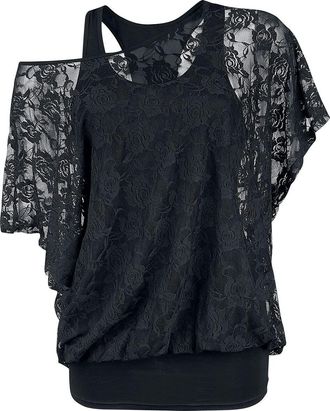 Gothicana by EMP Damen schwarzes T-Shirt im Double-Layer-Look aus Spitze XXL