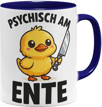OM3 Psychisch am Ente Kaffee-Tasse mit Spruch - Spruchtasse Fun Motiv - Schwarzem Humor - Keramik Becher - 325ml - Beidseitig Bedruckt - Dunkelblau