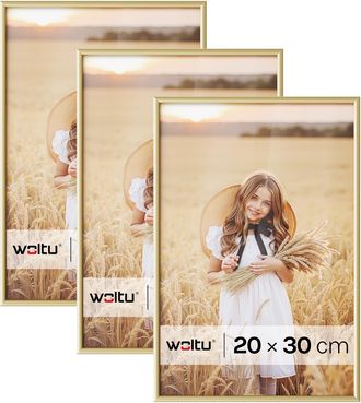 Woltu Bilderrahmen 20x30 cm, 3 Set, Fotorahmen Gold, Aluminium, mit Passepartout, zum vertikalen oder horizontalen Aufh&auml;ngen/Aufstellen, f&uuml;r Fotos, Bilder