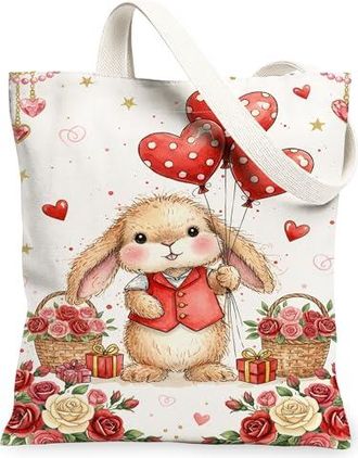 Generic Sacs fourre-tout en toile motif lapin mignon, motif floral coeur, sacs d&eacute;picerie r&eacute;utilisables, sacs d&eacute;picerie l&eacute;gers et lavables en toile avec bandou