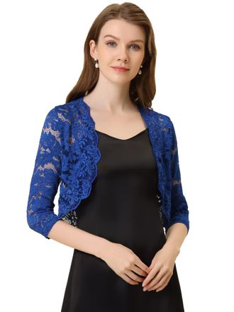 Allegra K Damen Spitzen Festlich Bolero 3/4 &Auml;rmel Hochzeit Strickjacke Vorne Offen Crop Cardigan Shrug Kobaltblau S