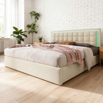 Generic Modernes Funktionsbett mit LED-Beleuchtung - 140x200 cm in Wei&szlig; mit Stauraum & Kunstleder-Bezug - Stilvolles Doppelbett f&uuml;r Ihr Wohnambiente