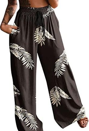 Generic Robe boh&egrave;me 2026 pour femme, taille haute, cordon de serrage, imprim&eacute; floral, pantalon long, poches de plage, beige, XXL