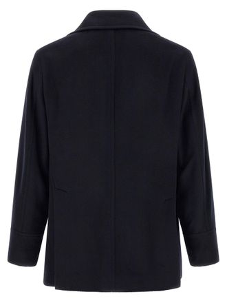 Brunello Cucinelli Double-Breasted Wool Peacoat Coat - Navy