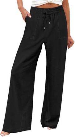 Generic Pantalon d&eacute;t&eacute; en lin pour femme - Long et a&eacute;r&eacute; - Jambes larges - Pantalon en lin avec cordon de serrage - Taille haute - Pantalon Palazzo - D&eacute;contract