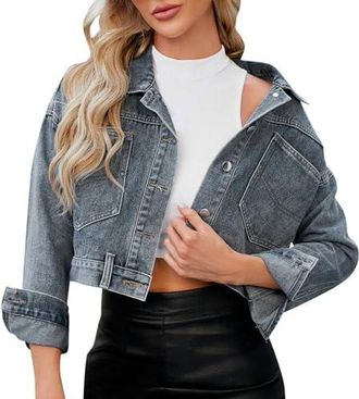 Generic Vestes pour femmes 2026 Slim &agrave; manches longues D&eacute;contract&eacute; Couleur unie D&eacute;lav&eacute; Denim Jacket Top, bleu, XL