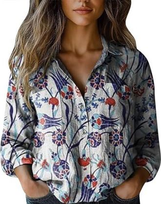 Generico Chemise Femme d&Eacute;t&eacute; &Eacute;l&eacute;gant Manches Longues Chemisier en Lin Coton Curvy Respirant T Shirt Col en V Mode Blouse Vintage Imprim&eacute; avec Boutons L&eacute;ger Chem