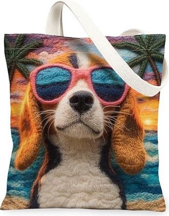 Generic Sac fourre-tout en toile motif beagle d&eacute;t&eacute; pour faire du shopping, 33 x 38,1 cm, sac r&eacute;utilisable &agrave; motif imprim&eacute; de chiot c&ocirc;tier pour femme, peinture