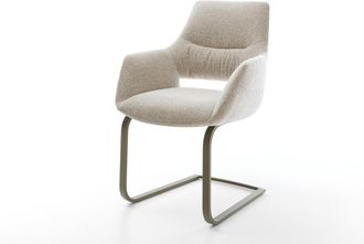 DELIFE Freischwinger Yago-Flex mit Armlehnen Webstoff Soft Beige Freischwinger flach Effektfinish Titan Taschenfederkern, Esszimmerst&uuml;hle