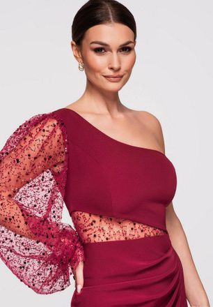 Ombre Abendkleid Maxikleid Abendkleid mit Schlitz Elegant Bordeaux M (kein Set, 1-tlg) Asymmetrisches Design, Drapierung vorne, Seitenschlitz