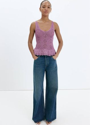 Mango Top en crochet lurex &agrave; volant festonn&eacute; pourpre - Femme - XXS - MANGO