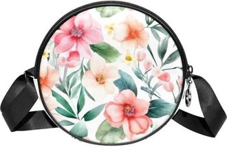 Generic Petit sac &agrave; bandouli&egrave;re circulaire pour femme, motif feuilles florales, sac &agrave; dos avec fermeture &eacute;clair, bretelles r&eacute;glables, sac &agrave; main rond d&eacute;contra
