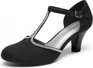 Dream Pairs Mary Jane SDPU26001W Escarpins &agrave; bout ferm&eacute; et talons confortables pour femme, Strass noirs, 38 EU