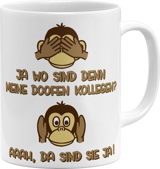 OM3 Lustige Arbeitskollegen Kaffee-Tasse mit Spruch - Büro Doofe Kollegen - Keramik Becher - 325ml - Beidseitig Bedruckt - Weiss