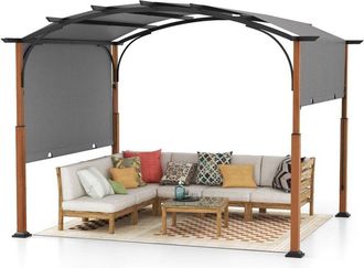 Costway Pergola R&eacute;tractable dExt&eacute;rieur 300 x 360 cm, Pergola M&eacute;tallique &agrave; Arcs pour Patio avec Auvent R&eacute;tractable Poteaux Aspect Bois, Tonnelle Treillis