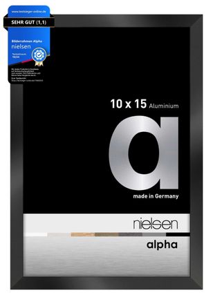Nielsen Design Bilderrahmen, 10 x 15 cm, Aluminium, Schwarz glanz, Fotorahmen zum Auftstellen und Aufh&auml;ngen im Hoch- & Querformat, Echtglas, Alpha