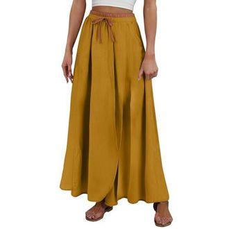 Generic Jupe trap&egrave;ze d&eacute;contract&eacute;e de couleur unie pour printemps et &eacute;t&eacute;, en coton et lin, jupe midi grande taille pour femme, sexy, jaune, XXL