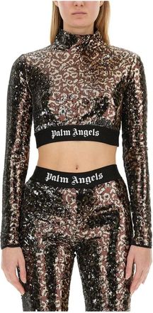 Palm Angels Femme, Tops, Noir, Taille: 40 FR Logo-strap sequin cropped top