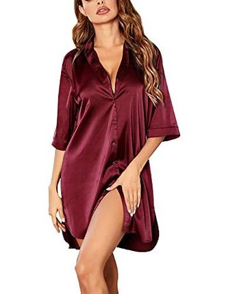 Ekouaer Chemise de Nuit Femme Ete 3/4 Manches Longues Ete Satin Grande Taille Sexy Chic Courte V&ecirc;tements de Nuit Femme, Bordeaux, XL