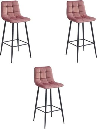 Private Label Valora 3 Tabourets Bar TEOTO Velours Rose Pieds Acier Noir