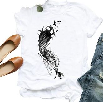 Keephen Bohemian Plume Papillon Impression 3D Femmes T-Shirt Casual &Eacute;t&eacute; Boho Tops Col Rond L&acirc;che Manches Courtes Blouses Tunique