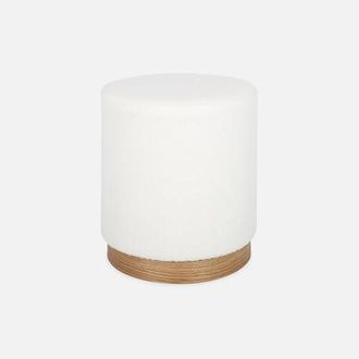 Sweeek Tabouret scandinave Rond en bouclettes Blanches Structure Bois de Sapin Ø40 x H 45cm