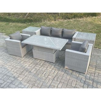 Fimous Rattan Gartenm&ouml;bel Set mit Sofa, H&ouml;he verstellbar Esstisch,Sessel,2 Beistelltisch,Outdoor Terrassen Essgruppe 6-teilige Sitzgruppe Helles Grau