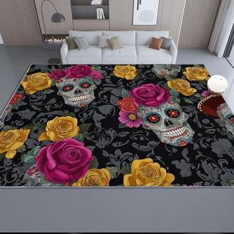 Generic Noir Tapis pour Salon 120 x 170 cm, Lavables avec Dos Antid&eacute;rapant, Tapis &agrave; Poils Courts Imprim&eacute; Gothique Cr&acirc;nes Roses pour Cuisine Salle &agrave; Manger Bur