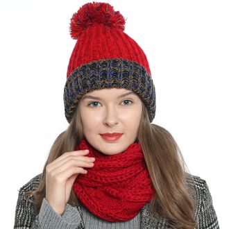 DonDon Damen Winterm&uuml;tze Strickm&uuml;tze gef&uuml;ttert warm und weich mit Bommel rot-blau-beige