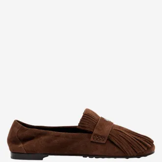 Tory Burch Womens Suede Ballerina Loafers With Fringes Brown