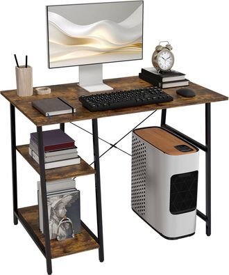HOMCOM Computertisch, Schreibtisch mit Ablage 120 x 60 cm, industrieller Computertisch mit 2 Regalen und Stahlrahmen, f&uuml;r kleine R&auml;ume, Schlafzimmer, braun