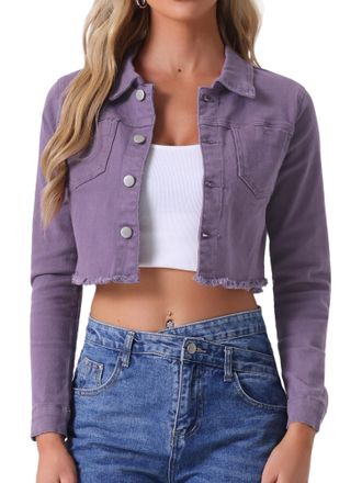 Allegra K Damen Langarm Denim Jacken Button Up Washed Umlegekragen Cropped Jeansjacke Lila M
