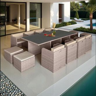 M&S Collection Table et fauteuils de jardin encastrables en r&eacute;sine tress&eacute;e 12 places kubo