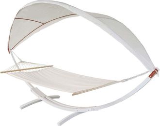 Hhg H&auml;ngematte HHG 675, H&auml;ngeschaukel bis 200kg Sonnendach MVG-Holzgestell 420cm 2 Personen wei&szlig;, creme-wei&szlig;